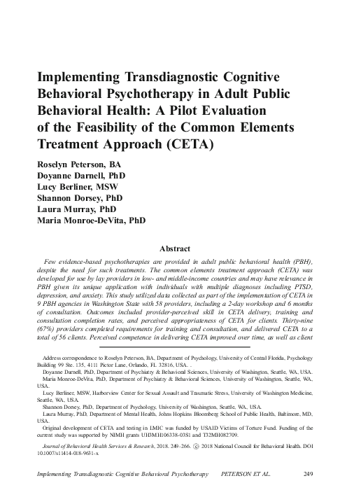 (PDF) Implementing Transdiagnostic Cognitive Behavioral Psychotherapy in Adult Public Behavioral ...