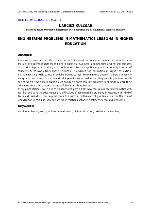(PDF) ENGINEERING PROBLEMS IN MATHEMATICS LESSONS IN HIGHER EDUCATION