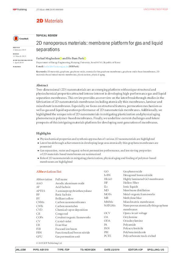 (PDF) 2D nanoporous materials: membrane platform for gas and liquid separations