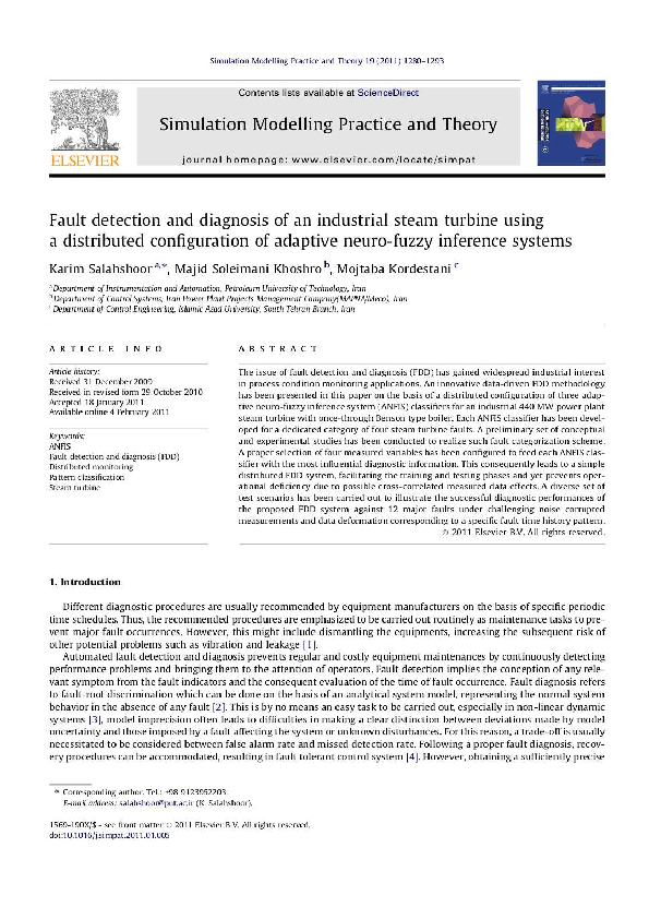 Pdf Fault Detection And Diagnosis Of An Industrial Steam Turbine Using A Distributed