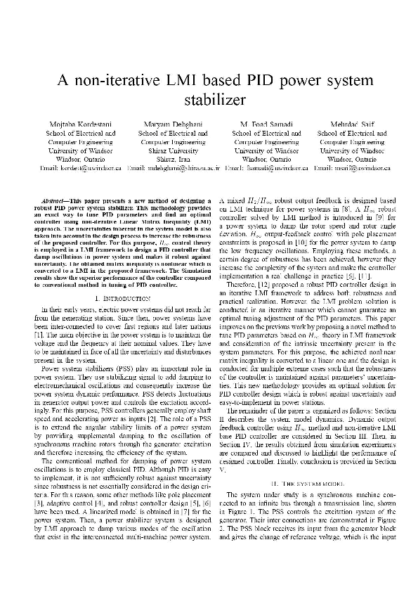 (PDF) A non-iterative LMI based PID power system stabilizer