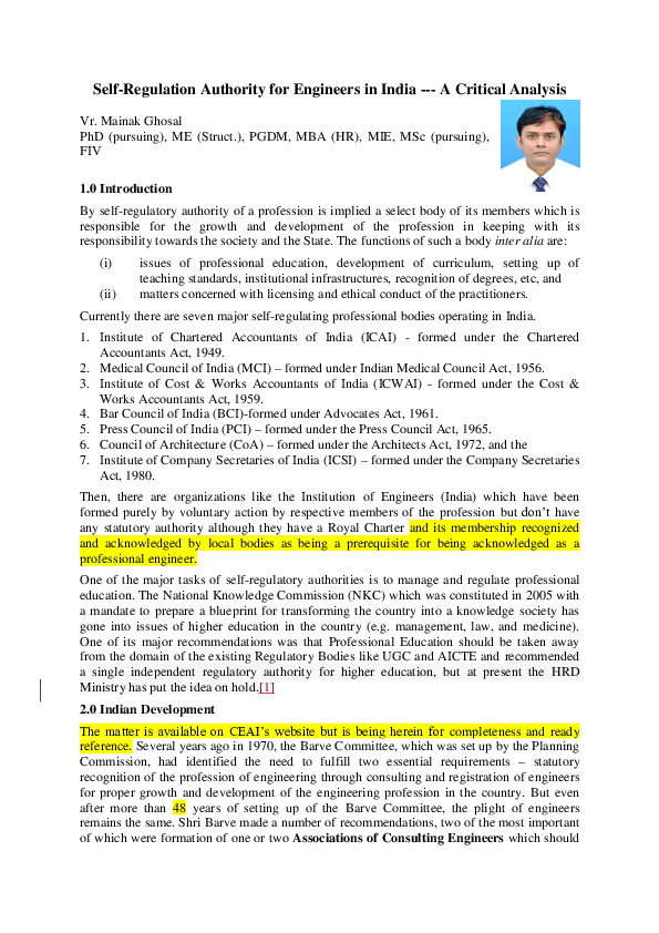 (DOC) Self Regulation Authority for Engineers in India A Critical Analysis