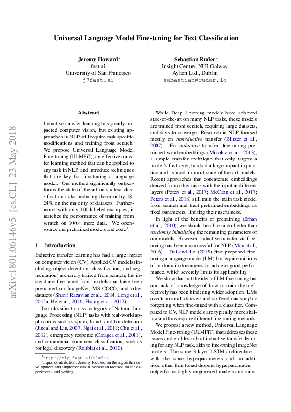 Pdf Universal Language Model Fine Tuning For Text Classification