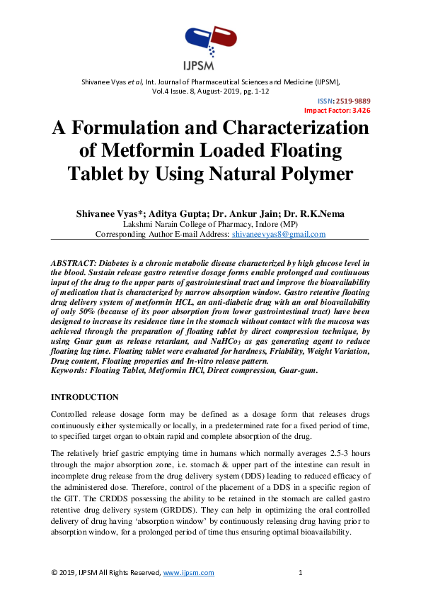 Pdf A Formulation And Characterization Of Metformin Loaded Floating Tablet By Using Natural