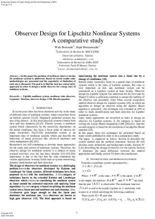 (PDF) Observer Design for Lipschitz Nonlinear Systems A comparative study