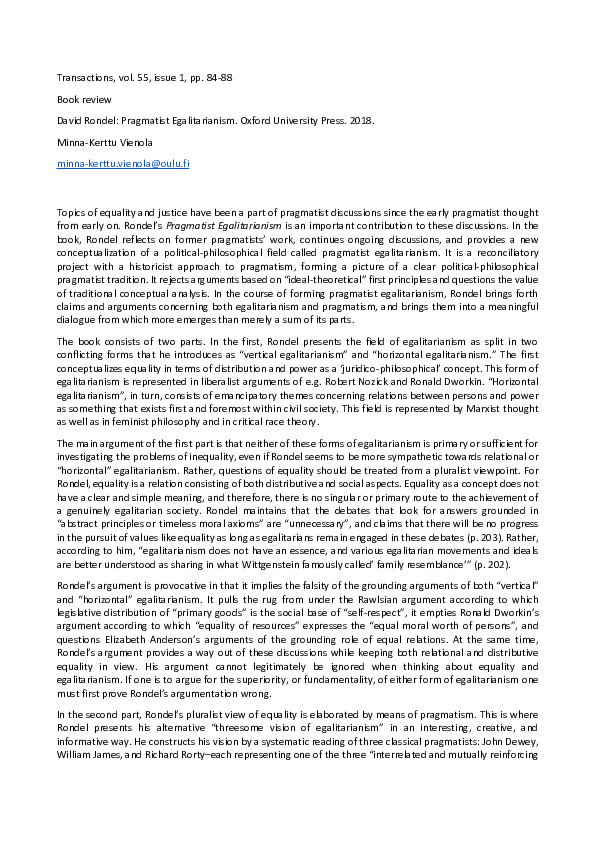 (DOC) Pragmatist Egalitarianism by David Rondel