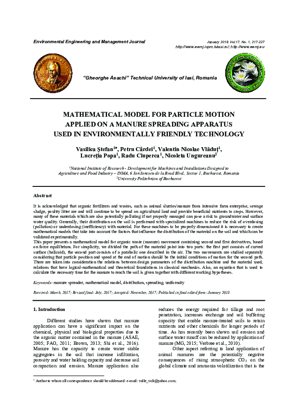 (PDF) MATHEMATICAL MODEL FOR PARTICLE MOTION APPLIED ON A MANURE ...