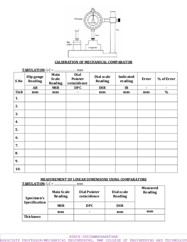 (PDF) CALIBRATION OF MECHANICAL COMPARATOR TABULATION: LC = …………………… mm