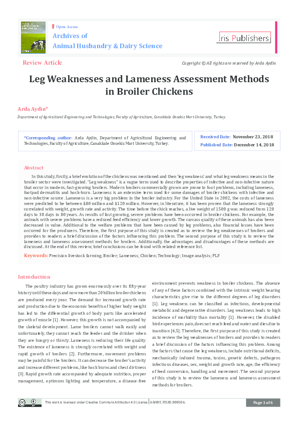 (PDF) Leg Weaknesses and Lameness Assessment Methods in Broiler Chickens