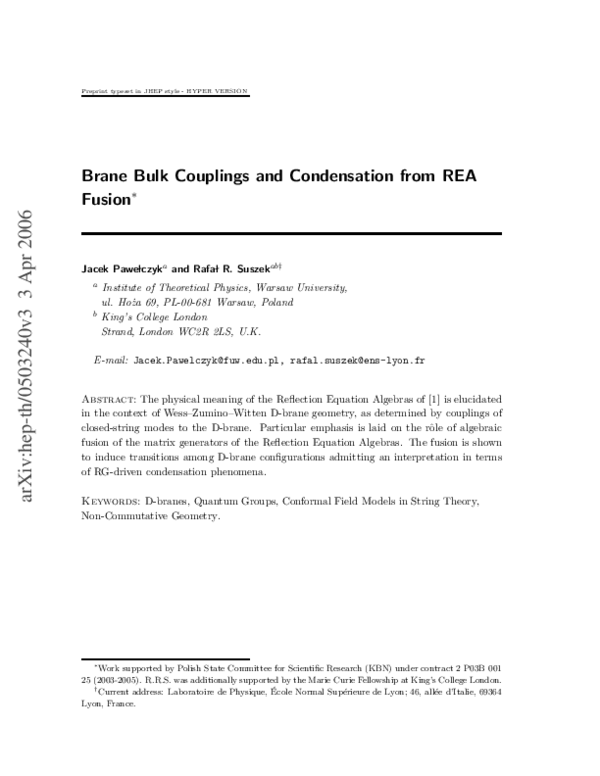 (PDF) Brane bulk couplings and condensation from REA fusion