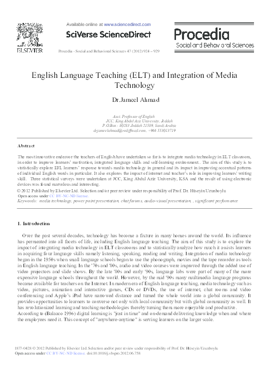 (PDF) English Language Teaching (ELT) and Integration of Media Technology