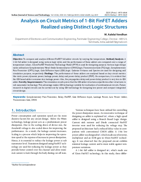 Pdf Analysis On Circuit Metrics Of 1 Bit Finfet Adders Realized Using Distinct Logic Structures