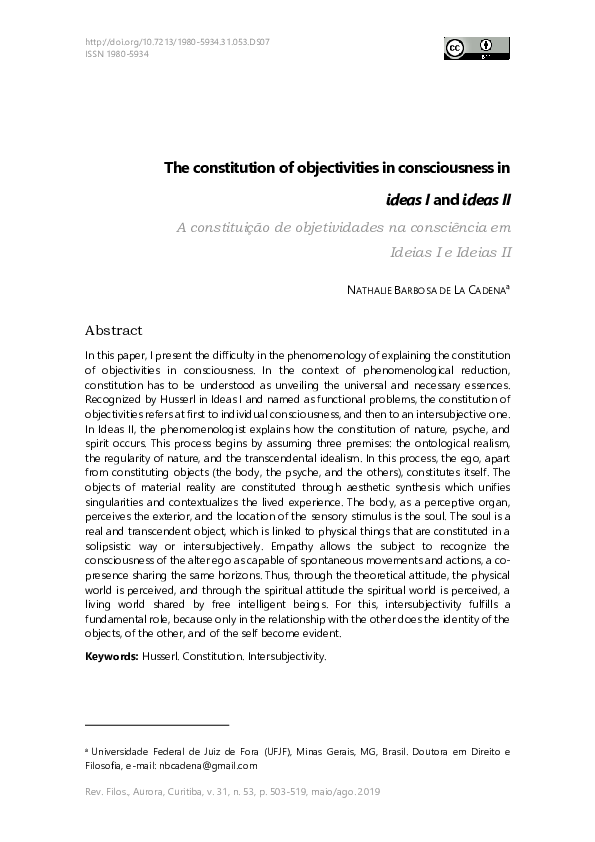 (PDF) The constitution of objectivities in consciousness in ideas I and ...