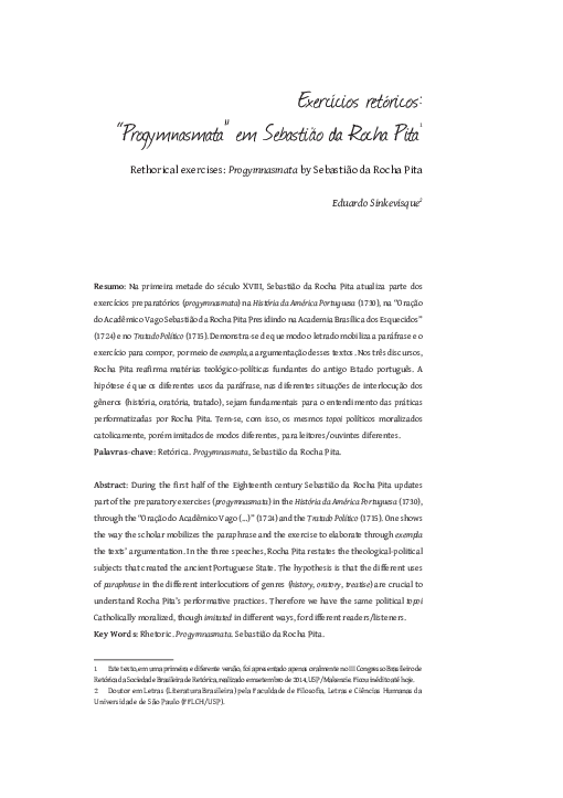 (PDF) Exercícios retóricos: "Progymnasmata" em Sebastião da Rocha Pi ta ...