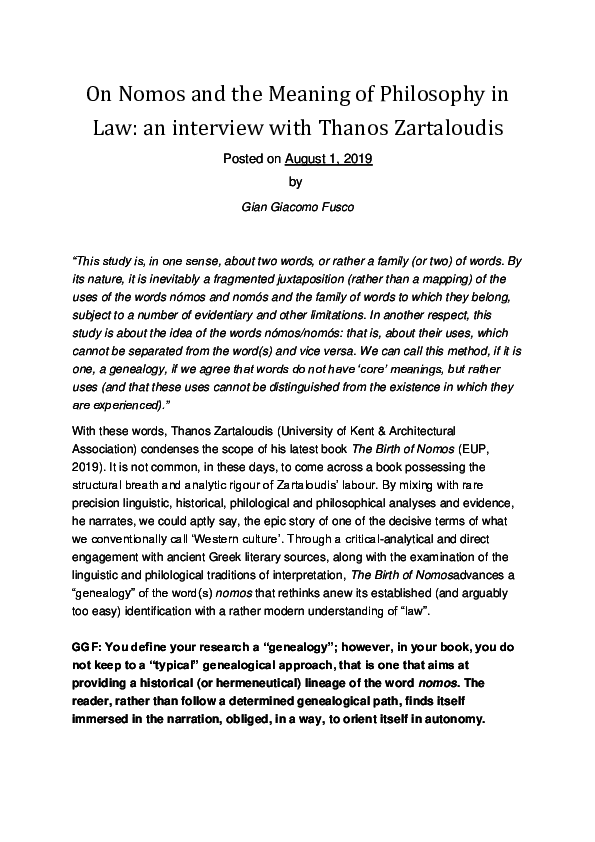 (PDF) On Nomos and the Meaning of Philosophy in Law: an interview