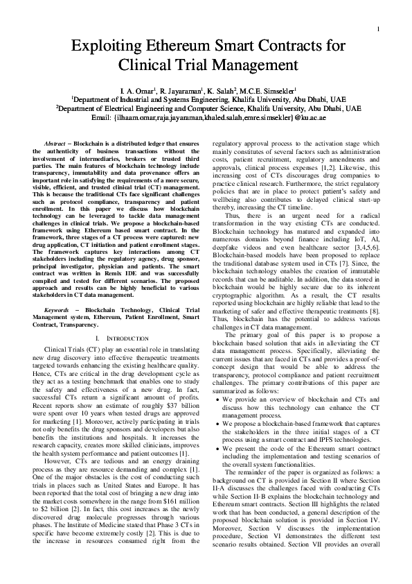 (PDF) Exploiting Ethereum Smart Contracts for Clinical Trial Management