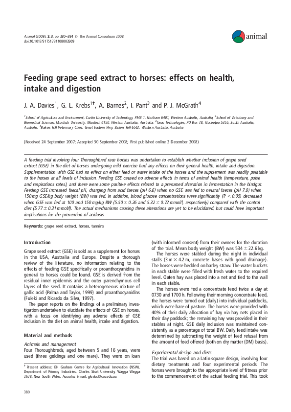 (PDF) Feeding grape seed extract to horses: effects on health, intake ...