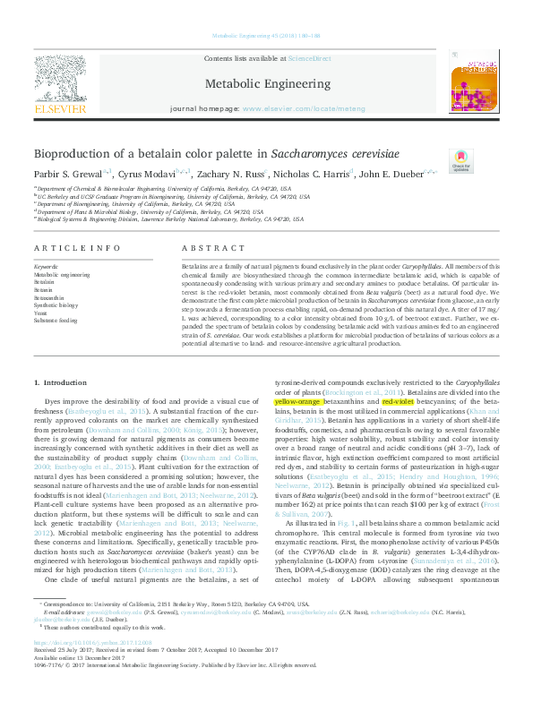(PDF) Bioproduction of a betalain color palette in Saccharomyces cerevisiae