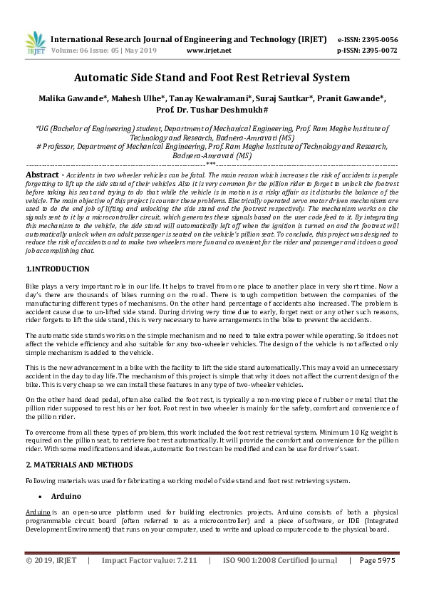 (PDF) IRJET- Automatic Side Stand and Foot Rest Retrieval System