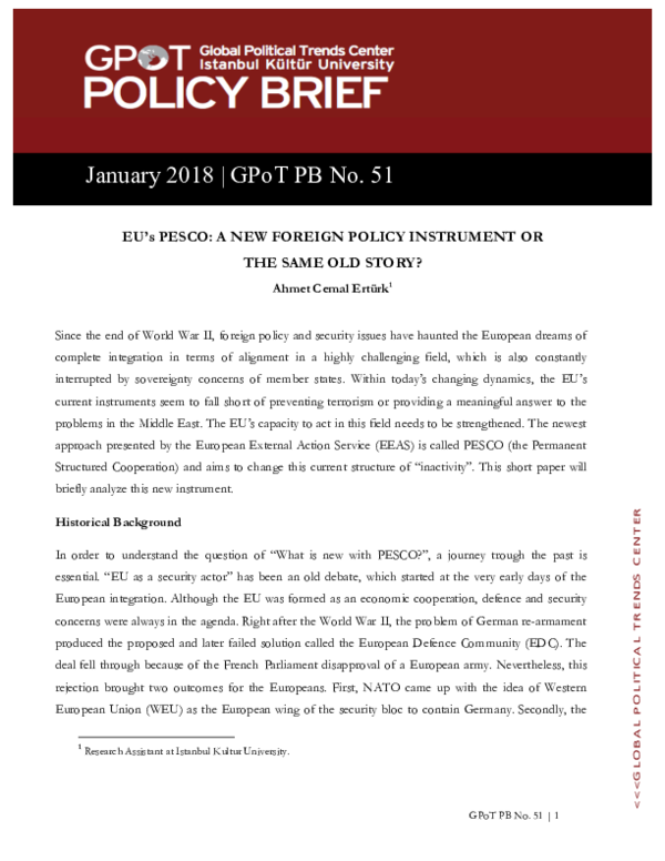 (PDF) EU's PESCO: A NEW FOREIGN POLICY INSTRUMENT OR THE SAME OLD STORY