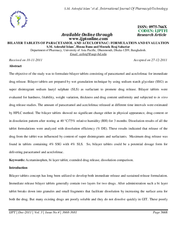 Pdf Bilayer Tablets Of Paracetamol And Aceclofenac Formulation And Evaluation