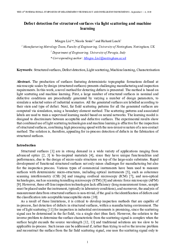 (PDF) Defect detection for structured surfaces via light scattering and machine learning