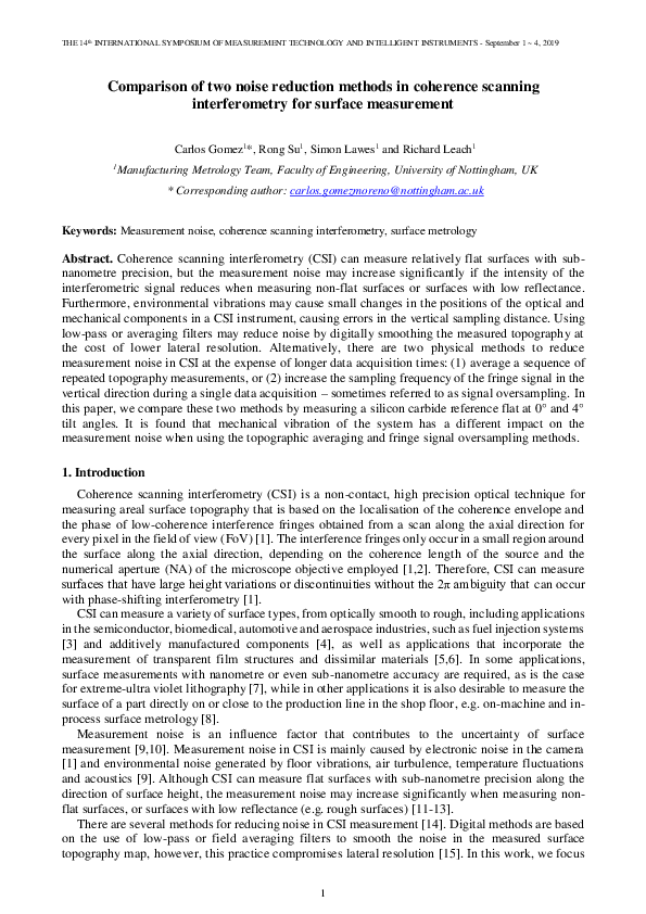 (PDF) Comparison of two noise reduction methods in coherence scanning interferometry for surface ...