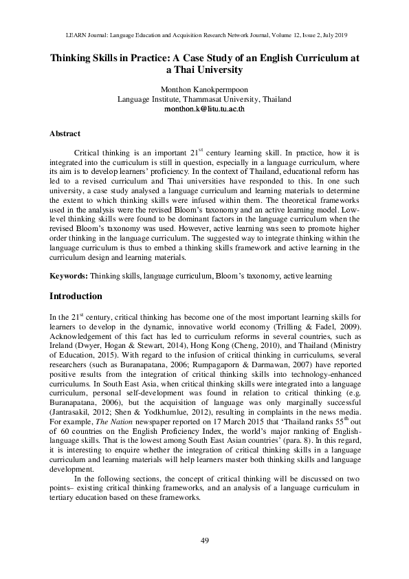 (PDF) Thinking Skills in Practice: A Case Study of an English ...