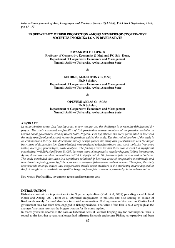 (PDF) PROFITABILITY OF FISH PRODUCTION AMONG MEMBERS OF COOPERATIVE ...