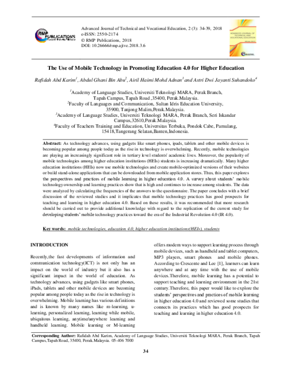 Pdf The Use Of Mobile Technology In Promoting Education 4 0 For Higher Education