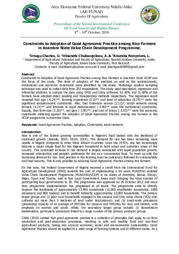 (PDF) Constraints to Adoption of Good Agronomic Practice among Rice Farmers in Anambra State ...