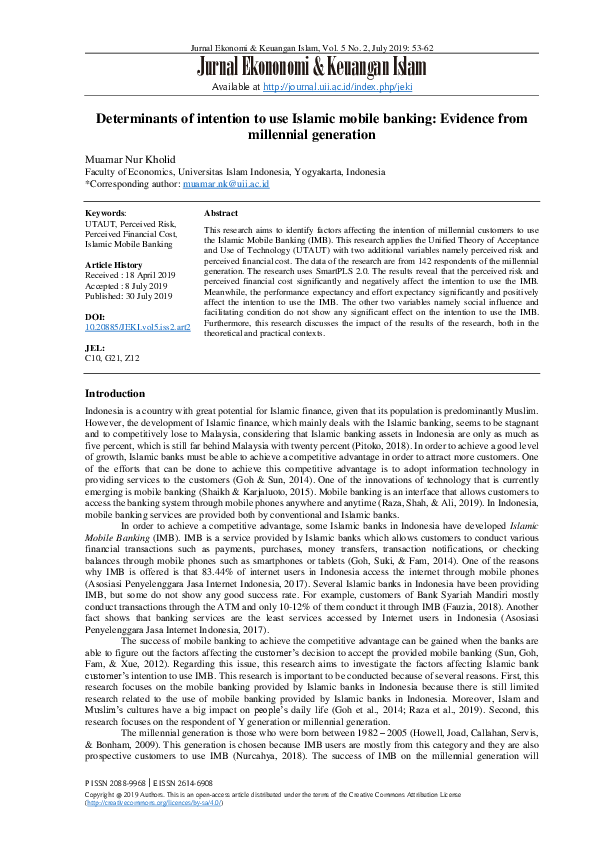 (PDF) Determinants of intention to use Islamic mobile banking: Evidence from millennial generation