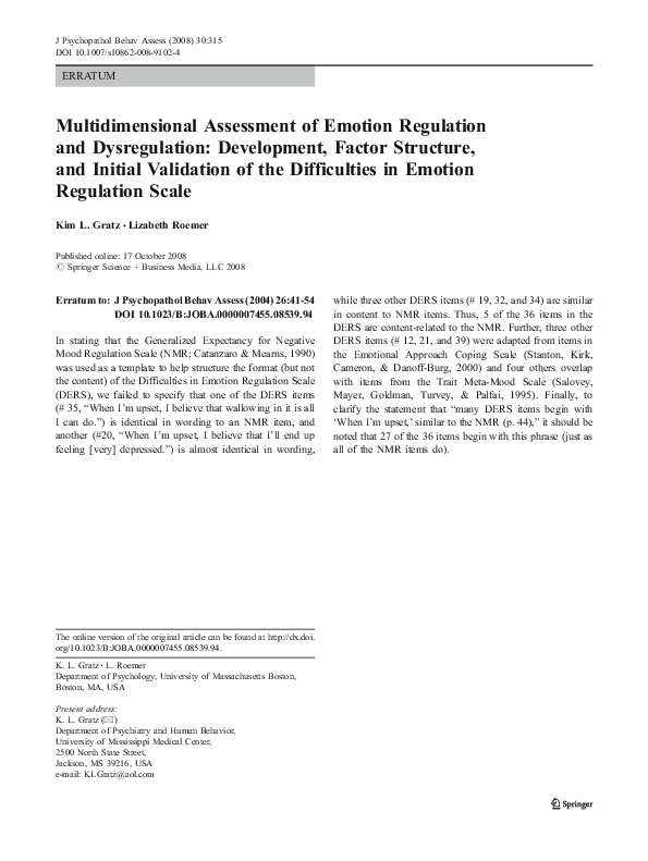 (PDF) Multidimensional Assessment of Emotion Regulation and Dysregulation: Development, Factor ...