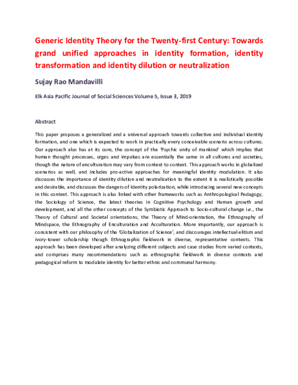 (PDF) Generic Identity Theory for the Twenty-first Century: Towards ...