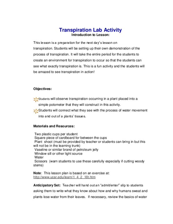 (DOC) Transpiration Lab Activity Introduction to Lesson