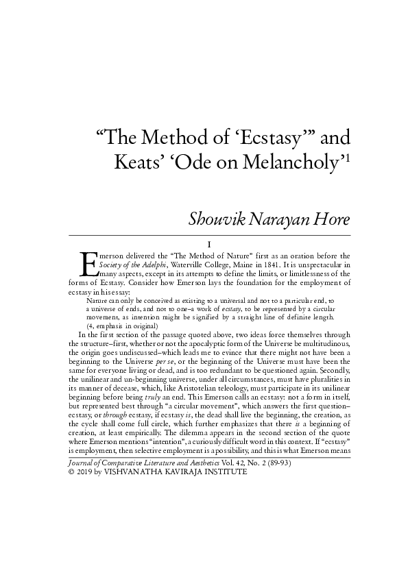 (PDF) "The Method of 'Ecstasy'" and Keats' 'Ode on Melancholy'