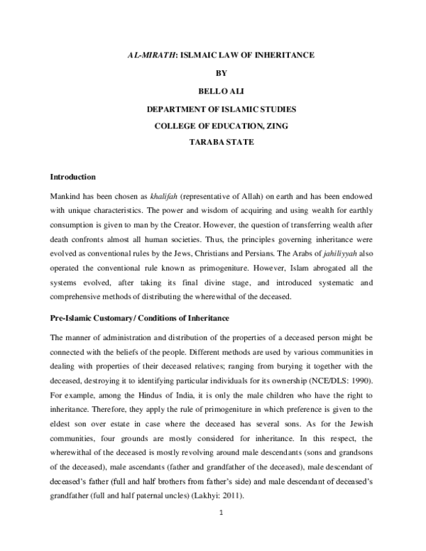 (PDF) AL-MIRATH: ISLMAIC LAW OF INHERITANCE
