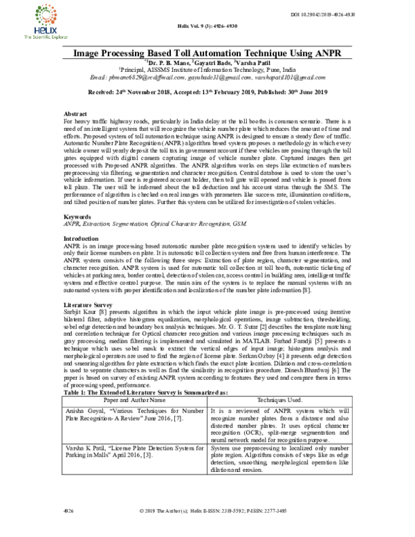(PDF) Image Processing Based Toll Automation Technique Using ANPR