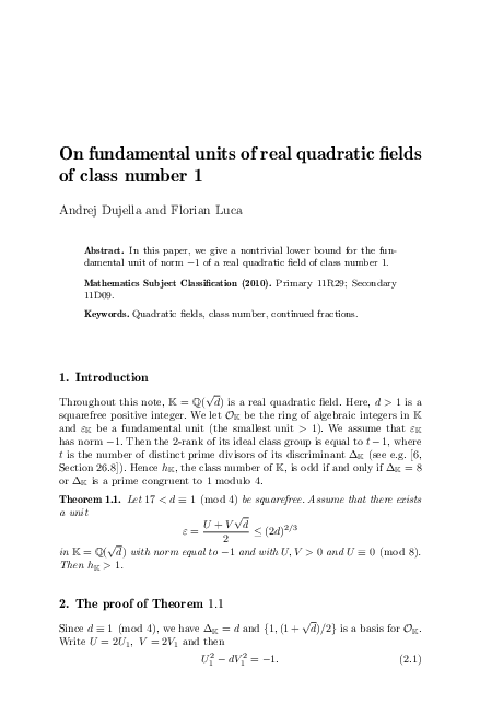 (PDF) On fundamental units of real quadratic fields of class number 1