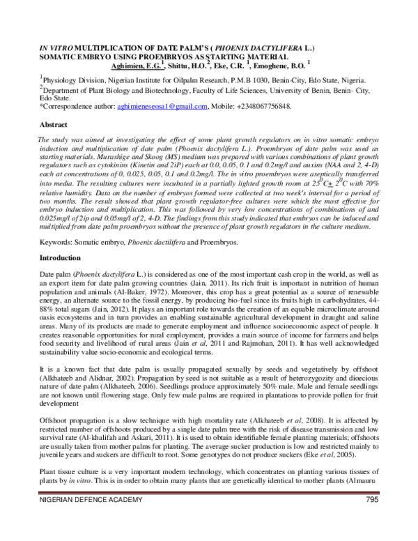 (PDF) IN VITRO MULTIPLICATION OF DATE PALM'S ( PHOENIX DACTYLIFERA L ...