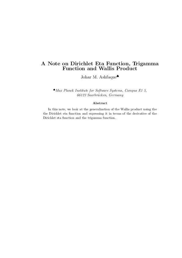 (PDF) A Note on Dirichlet Eta Function, Trigamma Function and Wallis Product