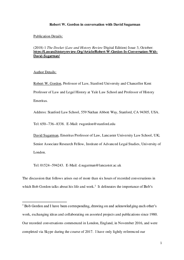 (PDF) Robert W. Gordon in Conversation with David Sugarman