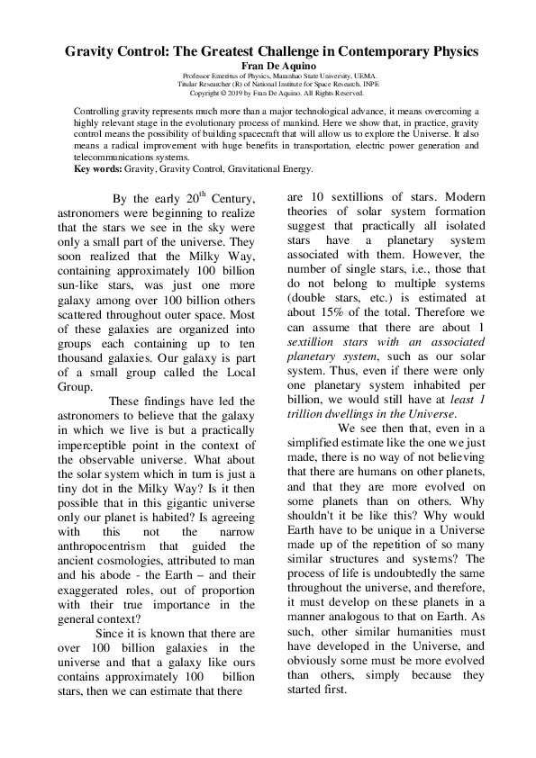 (PDF) Gravity Control: The Greatest Challenge in Contemporary Physics