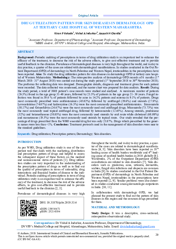 (PDF) DRUG UTILIZATION PATTERN FOR SKIN DISEASES IN DERMATOLOGY OPD AT ...