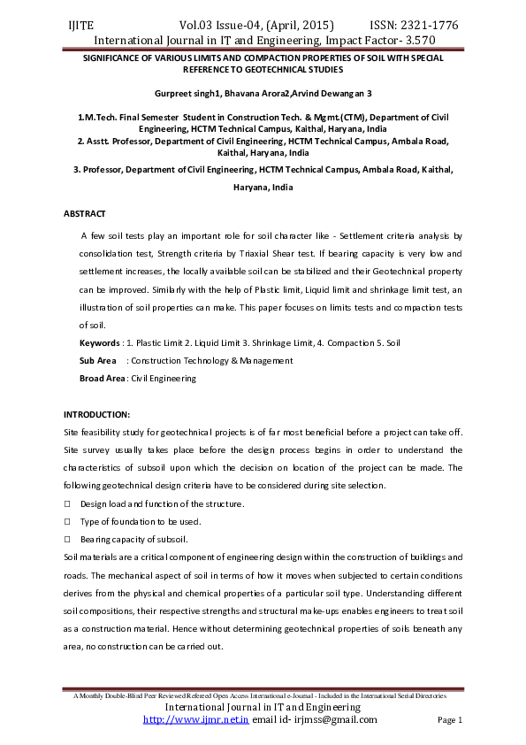 (PDF) SIGNIFICANCE OF VARIOUS LIMITS AND COMPACTION PROPERTIES OF SOIL ...
