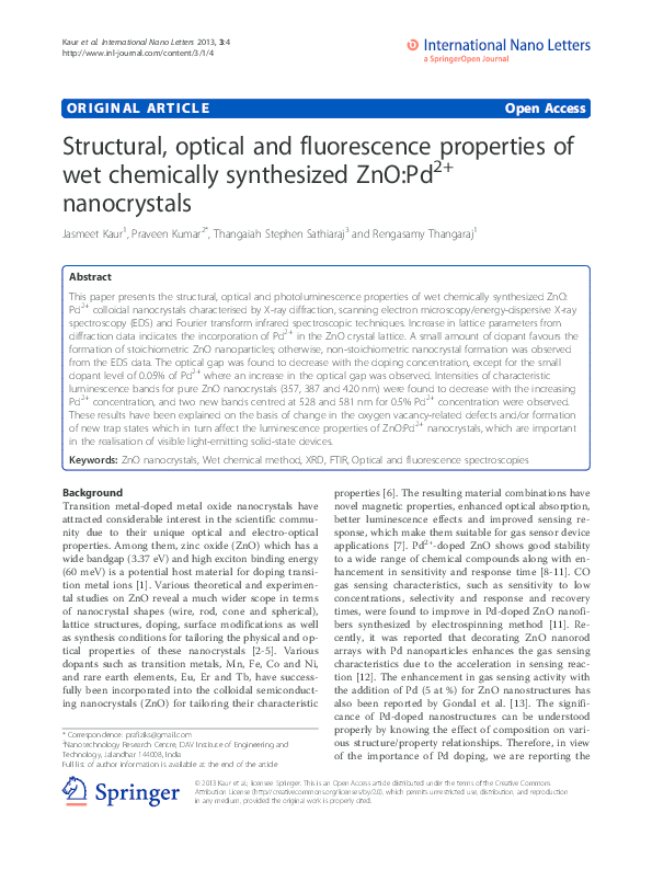 (PDF) Structural, optical and fluorescence properties of wet chemically synthesized ZnO:Pd2 ...