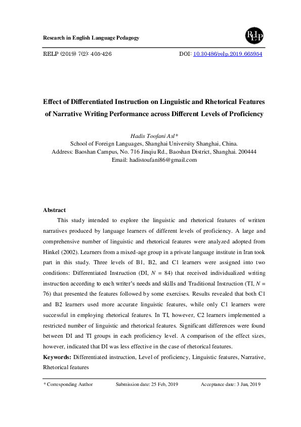 Pdf Effect Of Differentiated Instruction On Linguistic And Rhetorical Features Of Narrative