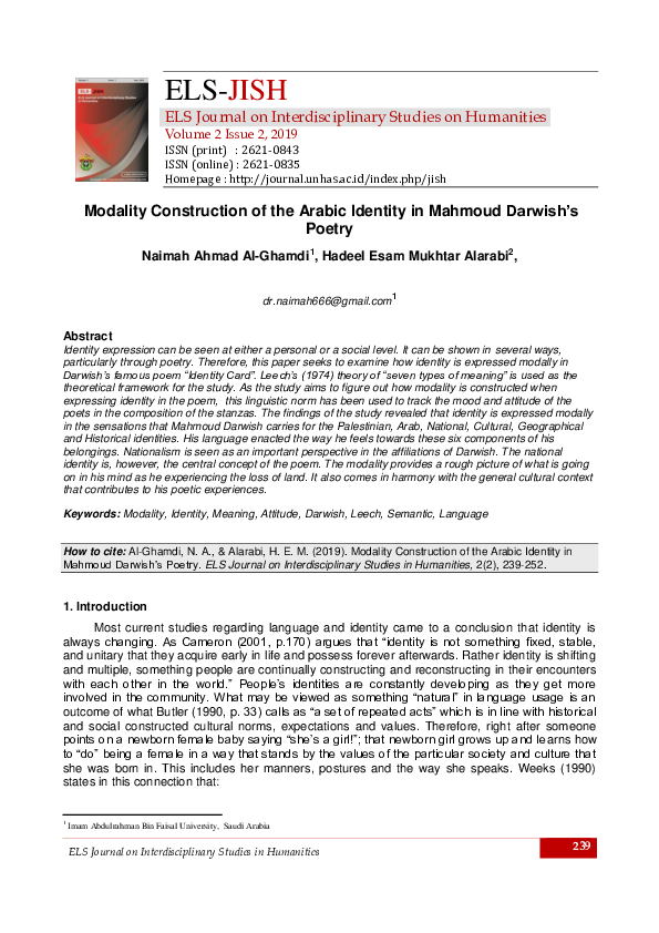 (PDF) Modality Construction of the Arabic Identity in Mahmoud Darwish's ...