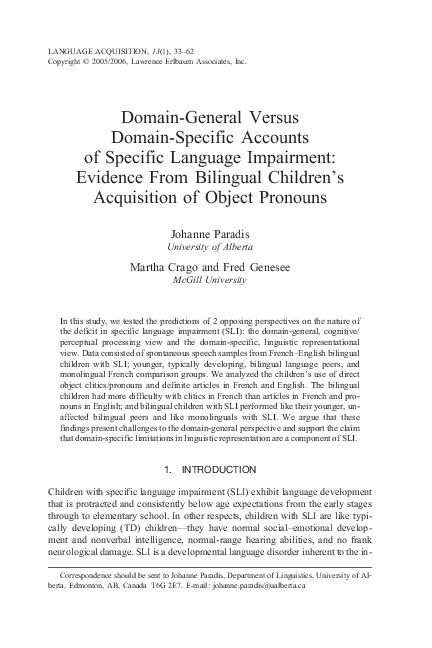 Pdf Domain General Versus Domain Specific Accounts Of Specific