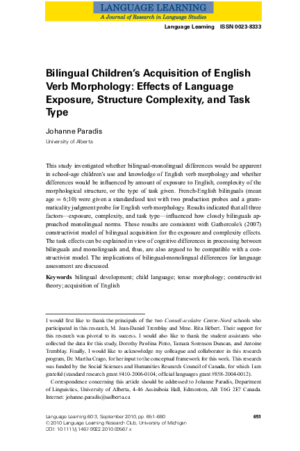 (PDF) Bilingual Children's Acquisition of English Verb Morphology ...